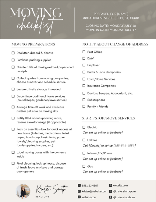 Pre-Closing Checklist & Moving Checklist for Sellers, Start Stop ...