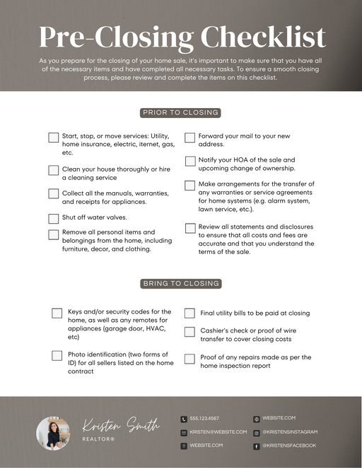 Pre-Closing Checklist & Moving Checklist for Sellers, Start Stop ...
